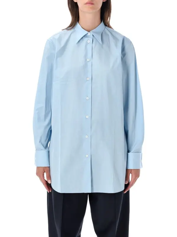 Prada Poplin Shirt With French Cuffs And Embroidered Logo - Blu