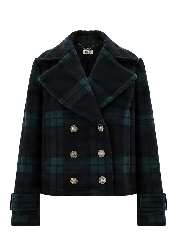 Liu Jo Plaid Double-breasted Pea Coat With Metallic Button Detail - Blue Tartan