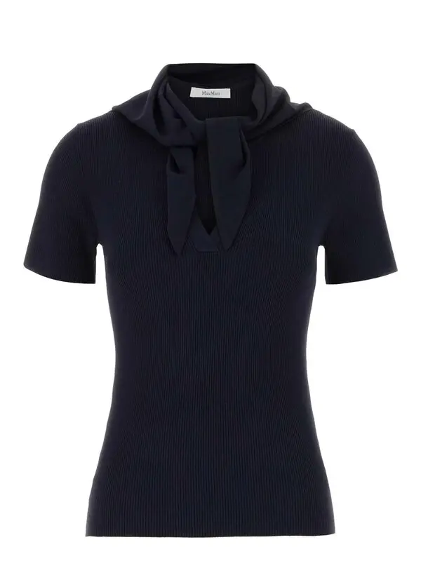 Max Mara Ribbed Viscose Blend Top With Tie Detail - Blue