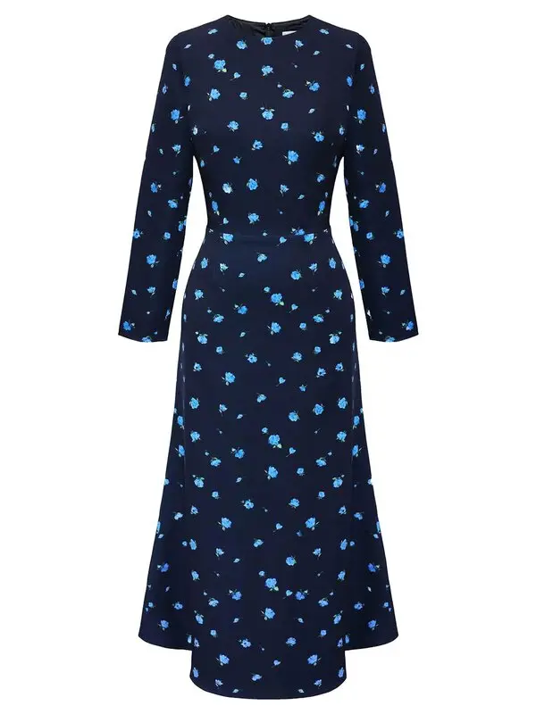 POST MERIDIEM Long Sleeve Floral Godet Silhouette Midi Dress - Blue
