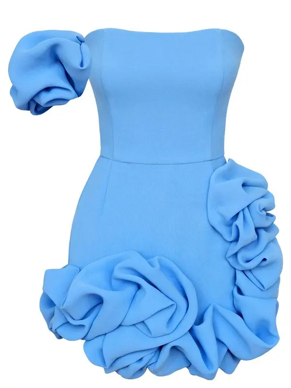 POST MERIDIEM One Shoulder Bustier Dress With Flounce Detail - Blue