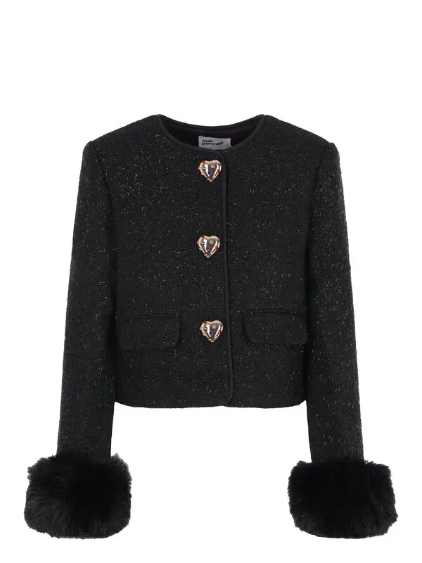 SELF-PORTRAIT Embellished Tweed Crop Jacket With Faux Fur Cuffs - Black