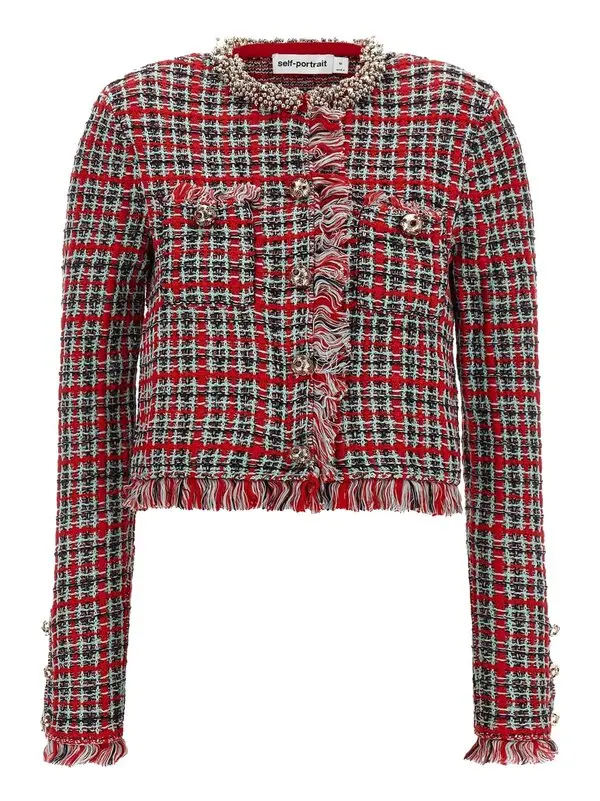 SELF-PORTRAIT Fringed Tweed Cropped Jacket - Red