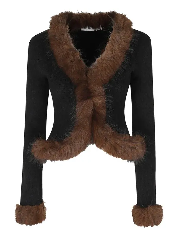SELF-PORTRAIT Cropped Jacket With Faux Fur Trim - Black