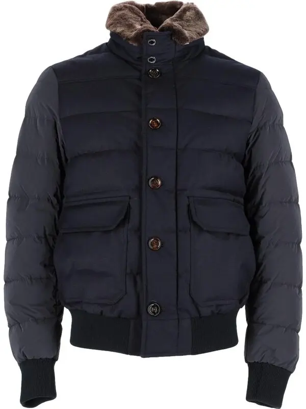 MOORER Hooded Quilted Puffer Jacket With Faux Fur Trim - Blue