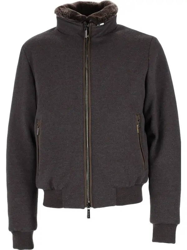MOORER Wool Zip Front Bomber Jacket With Fur Lined Stand Collar - Brown
