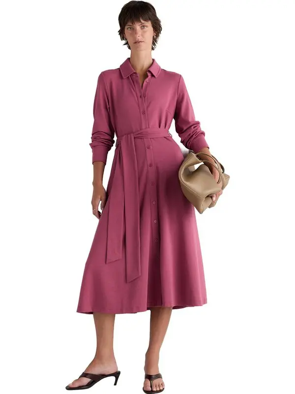 Quince Tencel Modal Knit Midi Shirt Dress With Belt - Faded Maroon