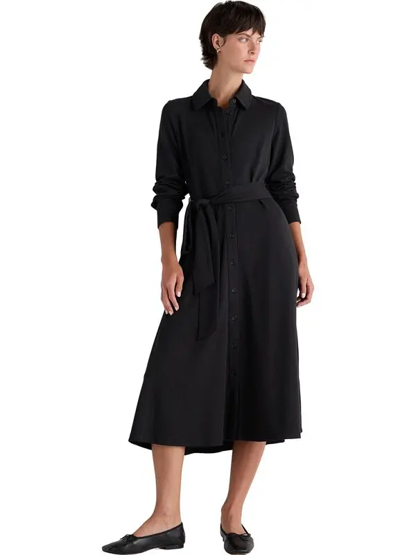 Quince Tencel Modal Knit Midi Shirt Dress With Belt - True Black