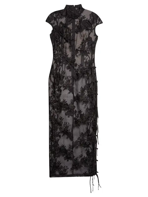 KIM SHUI Floral Embroidered Silk Organza Qipao Dress - Black
