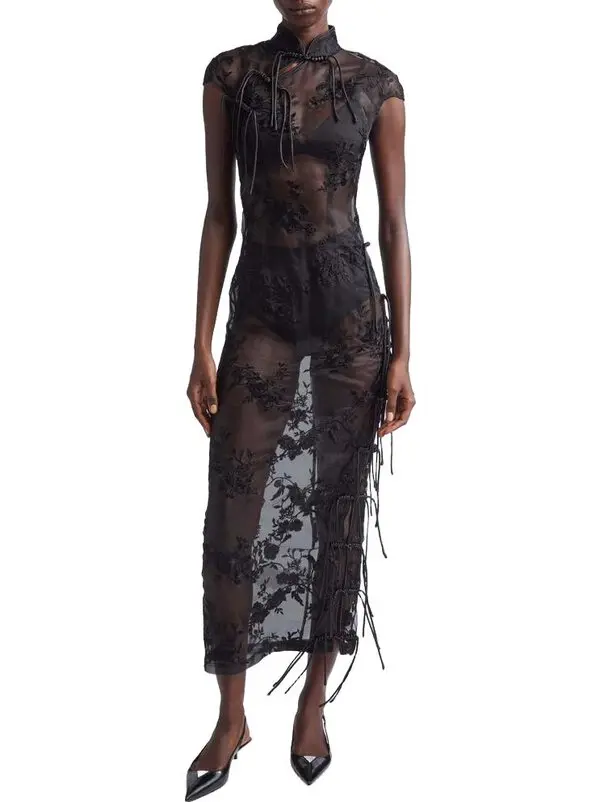 KIM SHUI Floral Embroidered Silk Organza Qipao Dress - Black