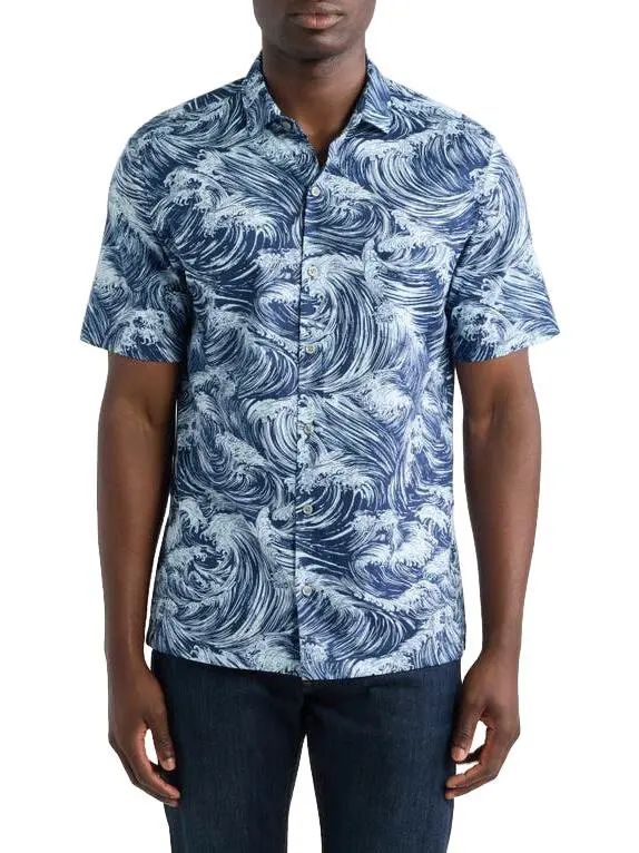 Tori Richard Gnarly Wave Print Camp Shirt - Navy