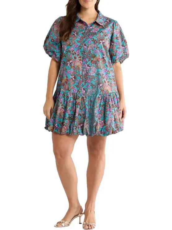 SUGARLIPS Printed Puff Sleeve Shirtdress - Teal Multi