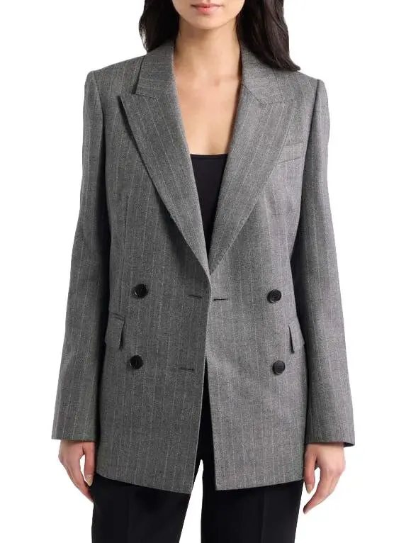 REISS Astrid Pinstripe Herringbone Double Breasted Wool Blazer - Grey