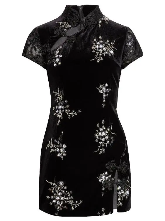KIM SHUI Beaded Velvet Qipao Mini Dress - Black