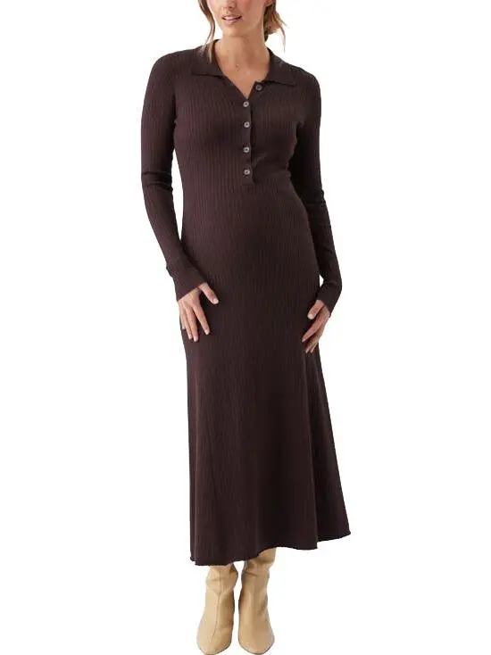 RIPE MATERNITY Hollie Polo Rib Knit Maternity/nursing Dress - Cocoa