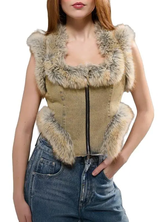 AZALEA WANG Zoraya Vest With Faux Fur Trim - Denim