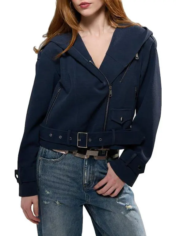 AZALEA WANG Vanta Faux Leather Hooded Moto Jacket - Navy