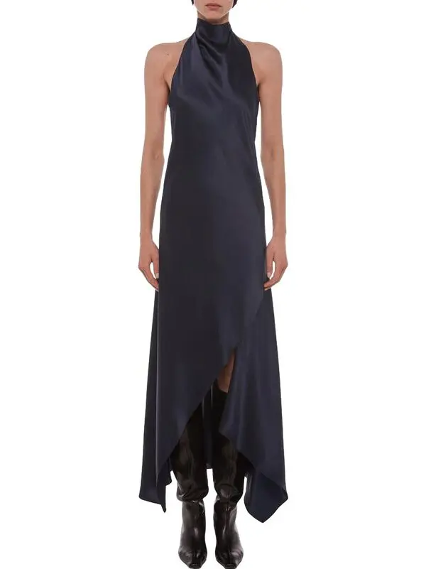 Helmut Lang Tie Neck Silk Maxi Dress - Navy