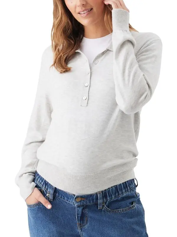 RIPE MATERNITY Piper Polo Nursing Knit Sweater - Silver Marle