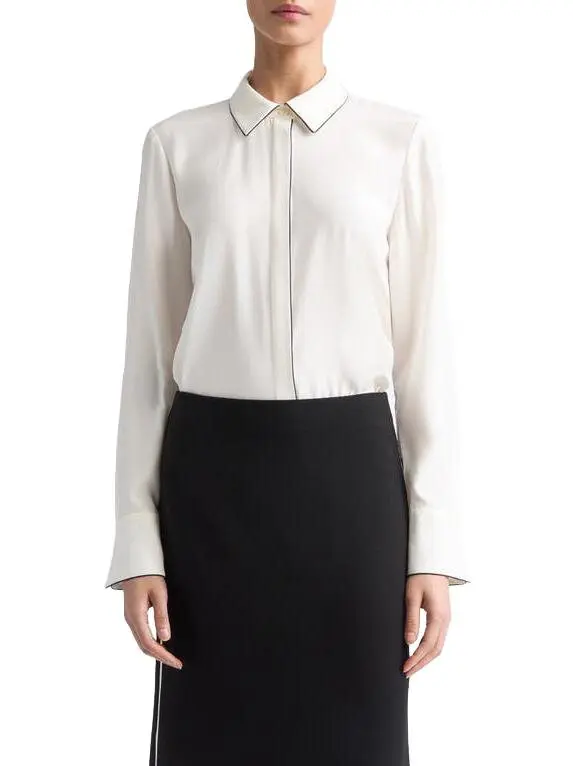 Lafayette 148 New York Scottie Contrast Piping Silk Button-up Shirt - Cloud