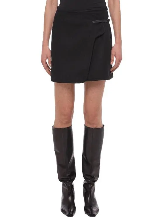 Helmut Lang Saddle Belted Asymmetrical Wool Blend Miniskirt - Black