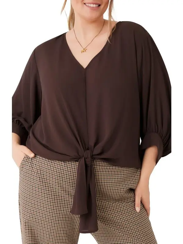 Karen Kane Blouson Sleeve Tie Front Top - Chocolate