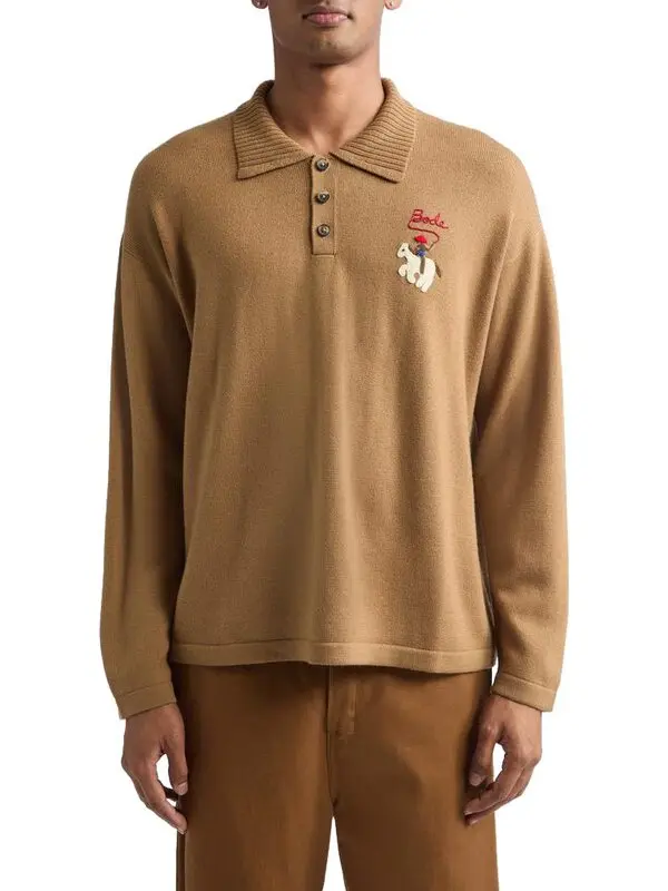 BODE Merino Wool Appliqué Polo Sweater - Tan
