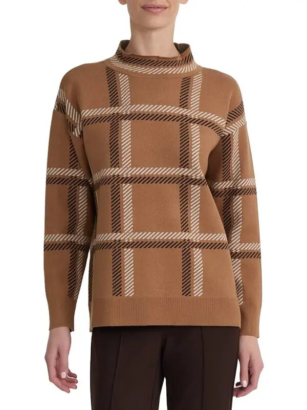 Jones New York Plaid Jacquard Mock Neck Sweater - Caramel Multi