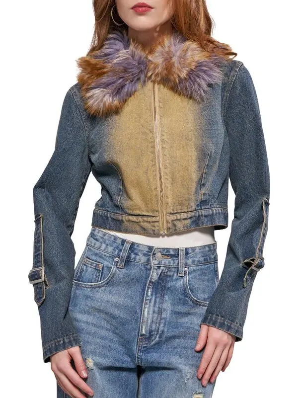AZALEA WANG Faux Fur Collared Denim Jacket - Denim Multi