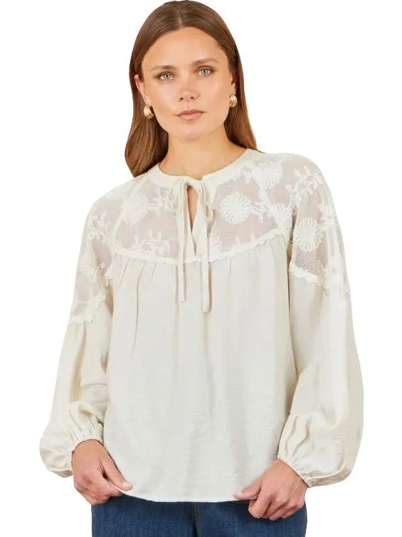 YUMI Lace Relaxed Fit Boho Blouse With Tie Neck - Ivory
