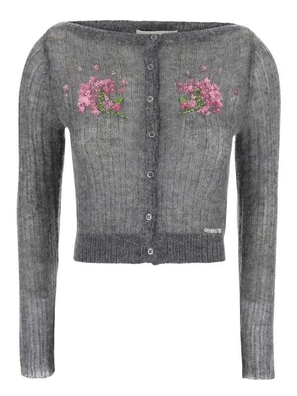SHUSHU/TONG Long-sleeve Open-front Cardigan With Floral Embellishments - Grey