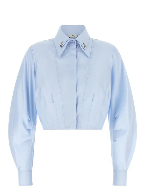 Elisabetta Franchi Cropped Cotton Poplin Shirt With Gold-tone Metal Plaque - Light Blue