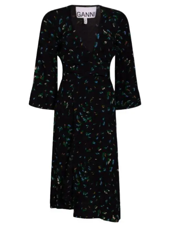 GANNI Floral Print Long Sleeve Wrap Dress - Black