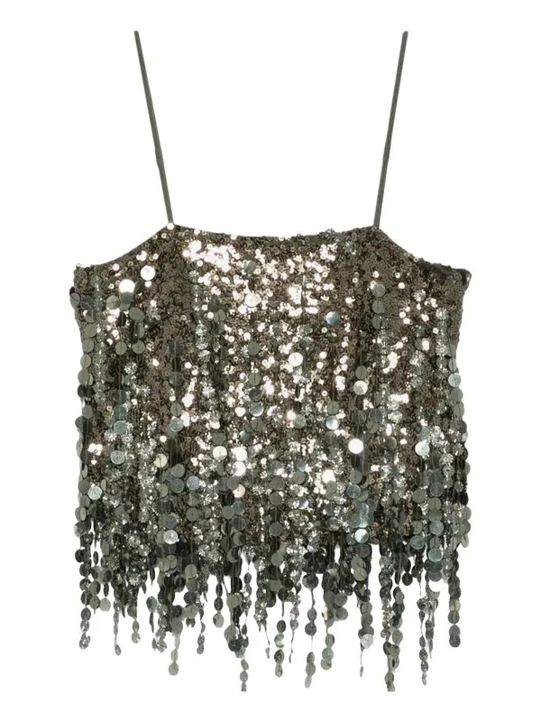 Blumarine Sequined Halter Top With Fringe Embellishment - Green