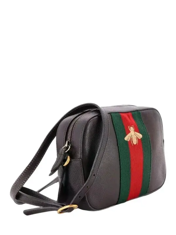 Gucci Bee Web Leather Camera Crossbody Bag - Brown