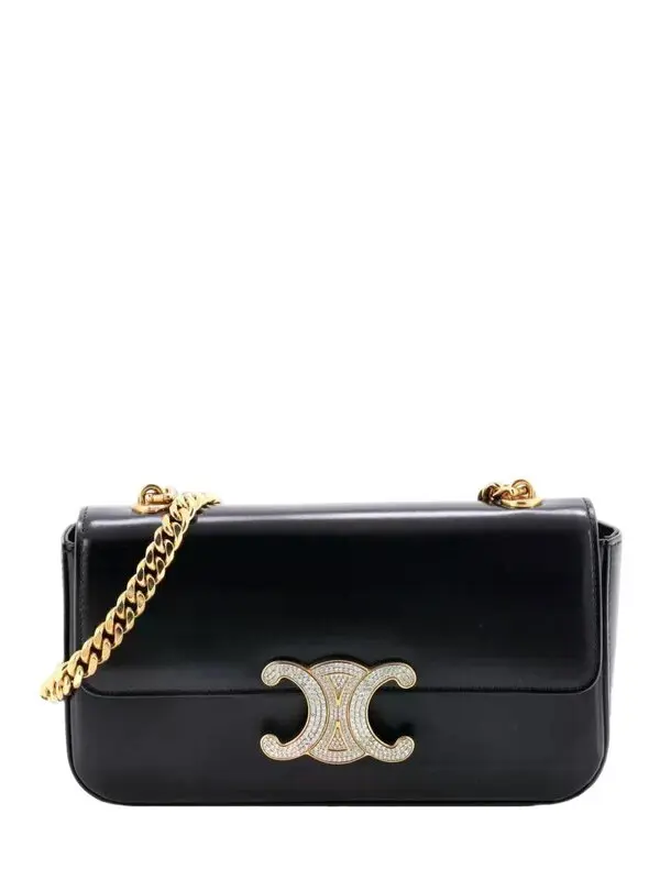 Celine Triomphe Chain Leather Shoulder Bag With Crystal Detail - Black
