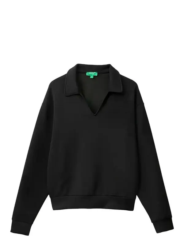 BENETTON V-neck Long Sleeve Polo Shirt - Black