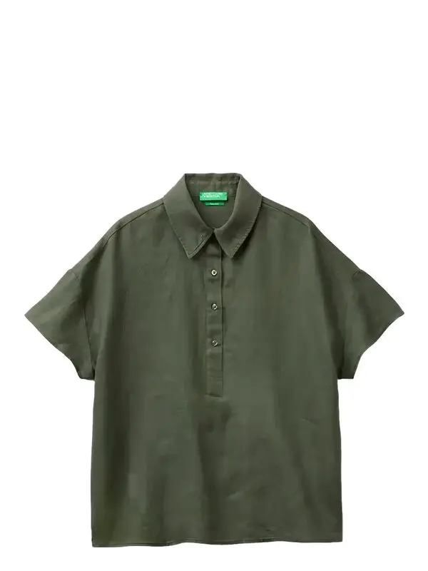 BENETTON Linen Short Sleeve Blouse - Green