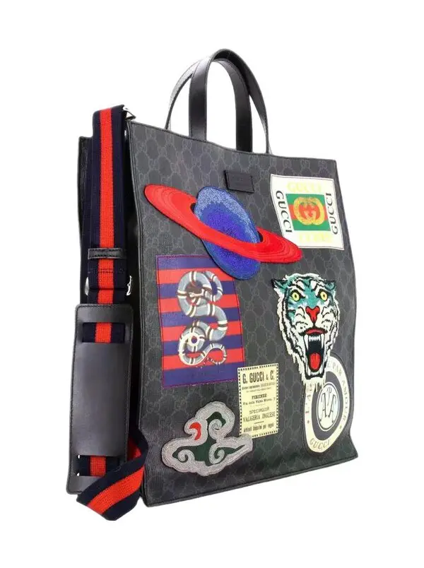 Gucci Convertible Soft Gg Coated Canvas North South Tote Bag With Applique - Black