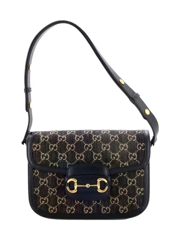 Gucci Horsebit 1955 Gg Denim Small Shoulder Bag - Black