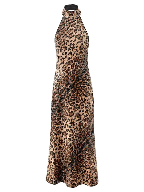 AISL Leopard Sequin Halter Maxi Dress - Brown