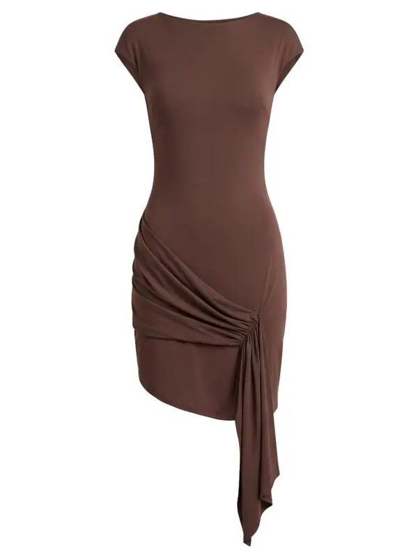 AISL Ruched Drape Cascade Mini Dress - Brown