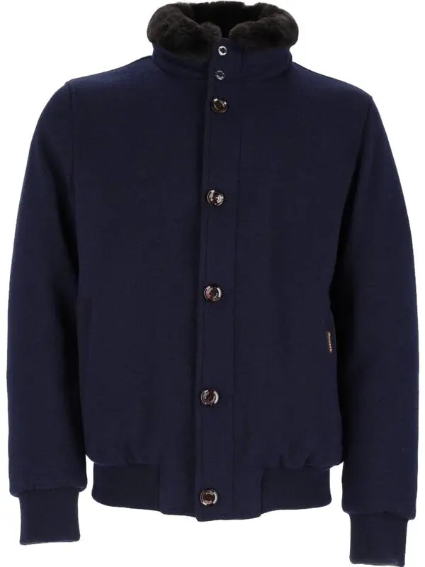 MOORER Wool Blend Jacket With Fur Trim Collar - Blue