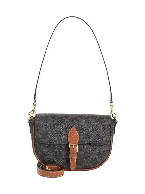 Celine Folco Shoulder Handbag With Triomphe Textile And Calf Leather - Brown