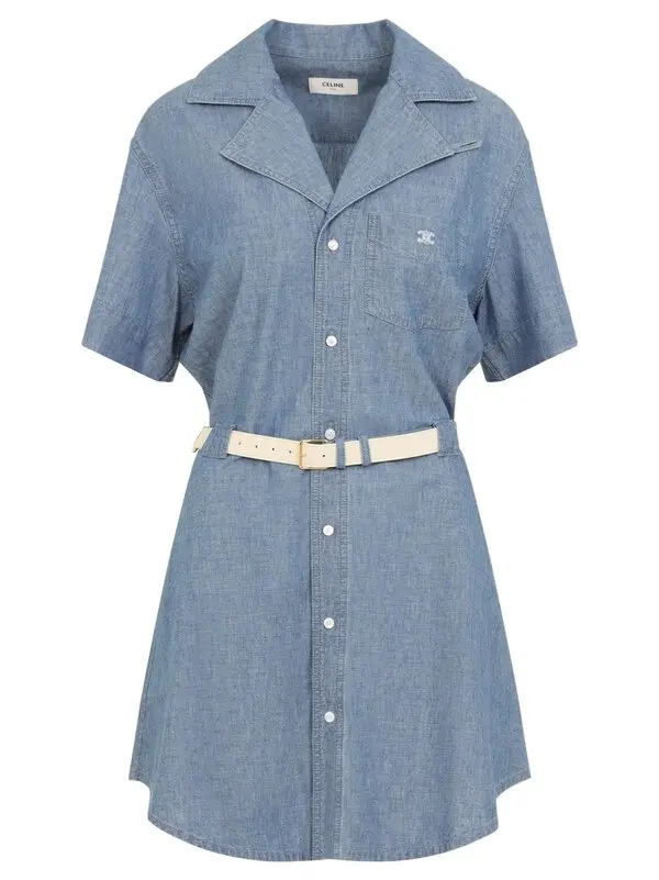 Celine Mini Denim Shirt Dress With Belt - Blue