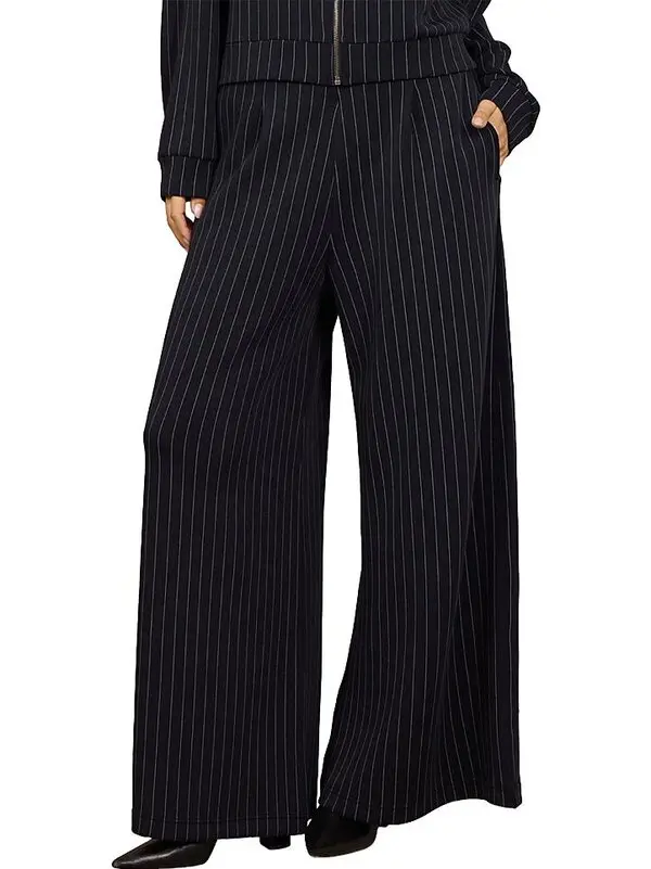 Vintage Havana Striped Pleated Front Wide Leg Pants - Black