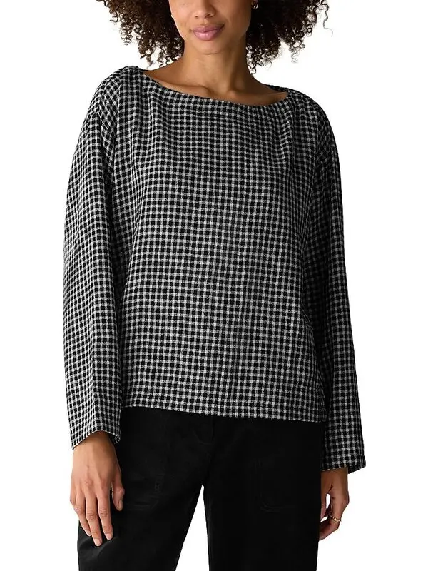 Eileen Fisher Wool Cotton Check Bateau Neck Boxy Top - Black