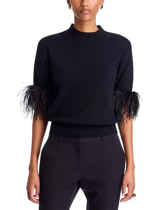 MILLY Feather Trim Short Sleeve Sweater - Black