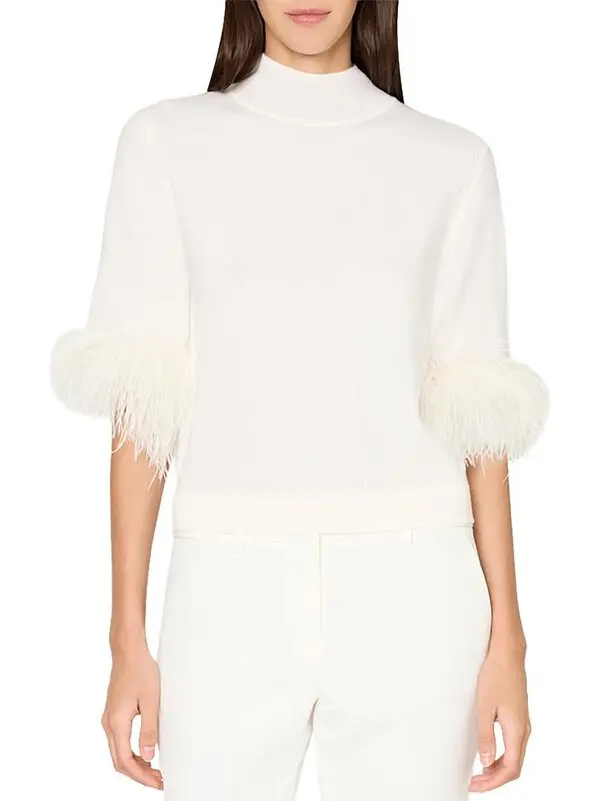 MILLY Feather Trim Short Sleeve Sweater - Ecru