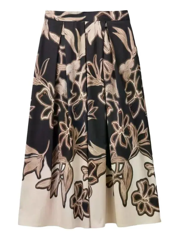 BENETTON Floral Print Pleated Midi Skirt - Black